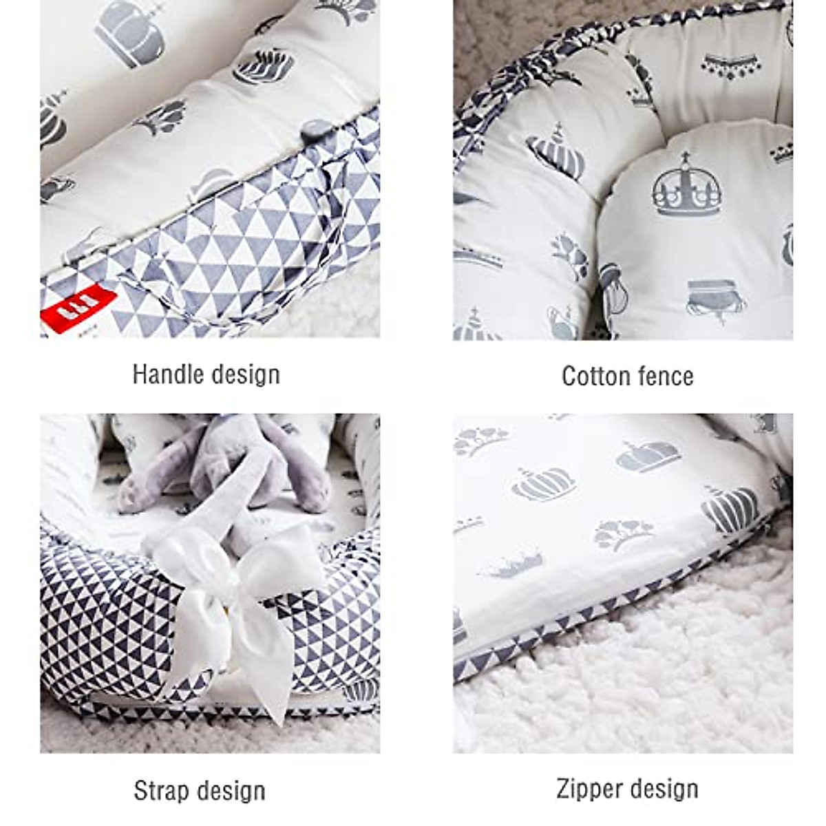 Vohunt Baby Lounger for Newborn,100% Cotton Co-Sleeper for Baby in Bed with Handles,Soft Newborn Lounger Adjustable Size & Strong Zipper Lengthen Space to 3 Tears Old(Triangular Crown)