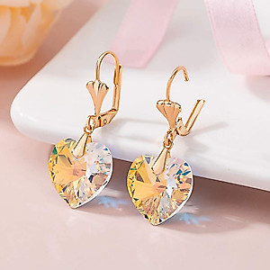 Austrian Crystal Heart Drop Leverback Earrings for Women Fashion Dangle Earring 14K Rose Gold Plated Hypoallergenic Jewelry (Aurora Borealis)