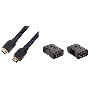 Amazon Basics Nylon-Braided 4K, 18Gbps HDMI to HDMI Cable, 25 Feet & HDMI Coupler, 29 x 22mm, Black - Pack of 2