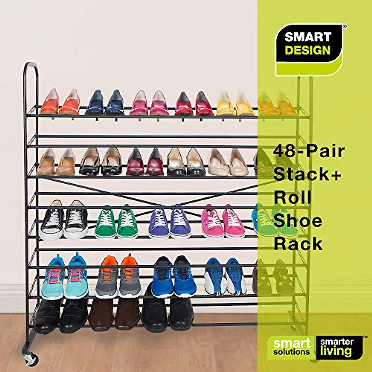 Smart Design 8-Tier Steel Metal Shoe Rack Tower with Rolling Wheels - Holds 48 Pairs of Shoes - Easy Assembly and Adjustable - Entryway, Closet, & Garage - Home Organization - 44 x 50.75 Inch - Bronze