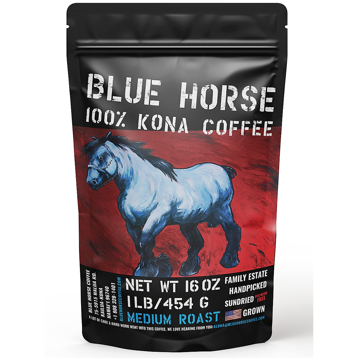Farm-fresh: 100% Kona Coffee - Medium Roast - Arabica Whole Beans - 1 Lb or 16 oz Bag - Blue Horse 100% Kona Coffee from Hawaii