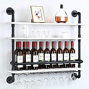 HAOVON Industrial Pipe Shelf Wine Rack Wall Mounted with 9 Stem Glass Holder,3-Tiers Rustic Floating Bar Shelves Wine Shelf,36in Real Wood Shelves Wall Shelf Unit,Pipe Shelving Glass Rack