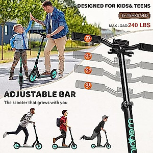 WAYPLUS Kick Scooter for Ages 6+,Kid, Teens & Adults. Max Load 240 LBS. Foldable, Lightweight, 8IN Big Wheels for Kids, Teen and Adults, 4 Adjustable Levels. Bearing ABEC9