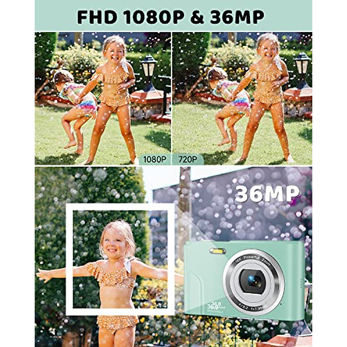 Digital Camera, Lecran FHD 1080P 36.0 Mega Pixels Vlogging Camera with 16X Digital Zoom, LCD Screen, Compact Portable Mini Cameras for Students, Teens, Kids (Green)