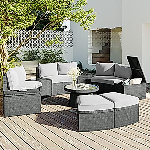 DHPM 10-Piece Half-Moon Sectional Patio Furniture Set Curved Outdoor Sofa with Tempered Glass Round Coffee Table, Light Gray