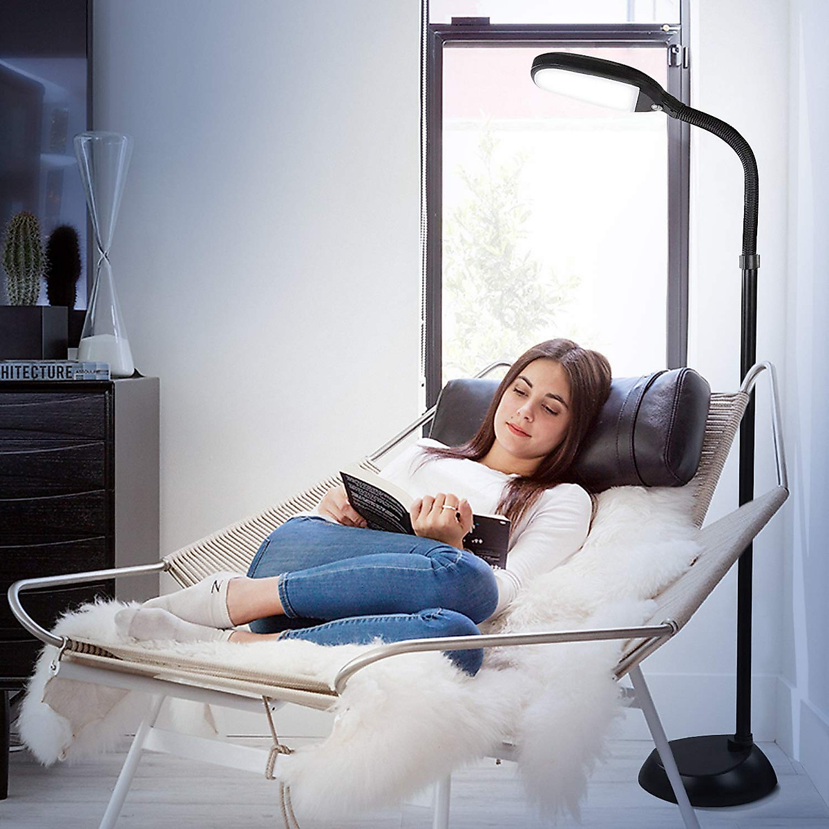 Brightech Litespan - Bright LED Floor Lamp for Crafts and Reading, Estheticians' Light for Lash Extensions, Adjustable Gooseneck Standing Lamp for Living Room, Bedroom and Office - Jet Black