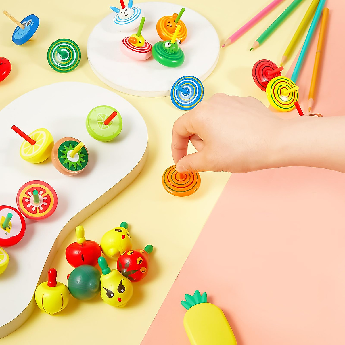 28 Pcs Wooden Spinning Top Spinning Toy Gyroscope Toy Fruit Wooden Spin Top Colorful Educational Toys Students School Kindergarten Fidget Spinner for Balance and Coordination Skills Party Games Gifts