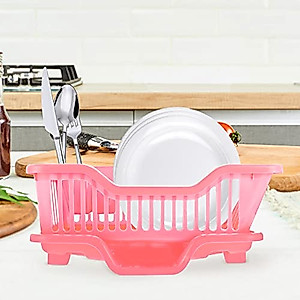 Zerodeko Kitchen Dish Drying Rack with Cutlery Holder Drainboard and Water Spout Plastic Dish Drainer Dinnerware Basket for Kitchen Counter Cabinet Pink