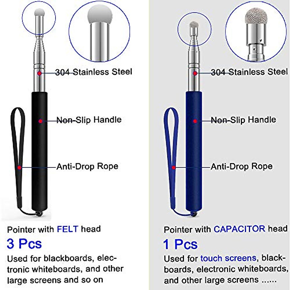 Pointer for Teachers, Yeeseok 4 Pcs Telescoping Teachers Pointers Stick Stainless Steel Extendable for Classroom Supplies (3 Pcs with Felt Tip & 1 Pcs with Capacitor Tip for Touch Screens iPad)