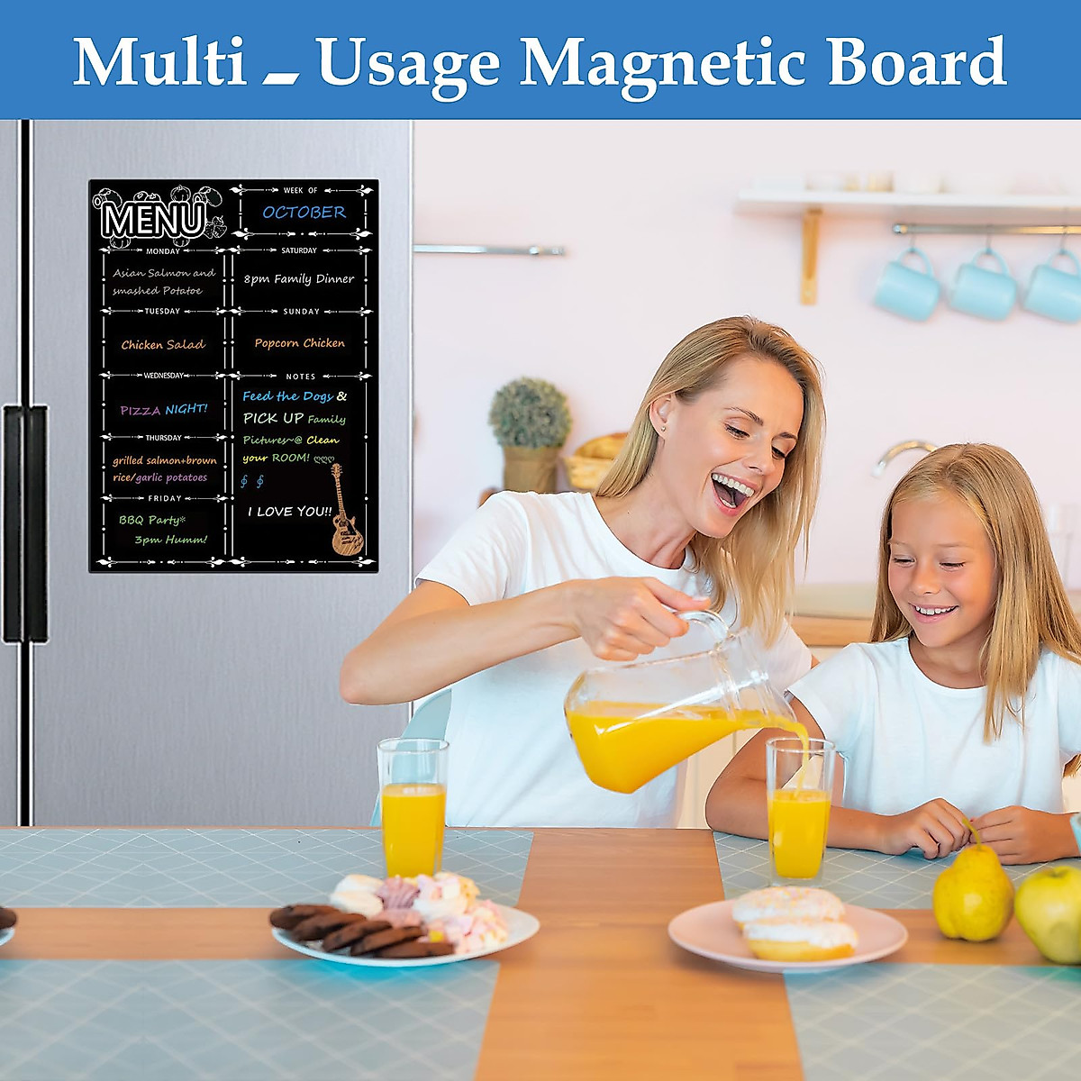 Magnetic Menu Board for Fridge, LiebHome Dry Erase Weekly Menu Planner/Family Calendar 16" x 12" with Grocery List and Notes (Black with 8 Markers)