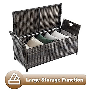 TMEE Patio Storage Bench,Outdoor Wicker Deck Box,PE Rattan Patio Furniture with All-Weather Cushion
