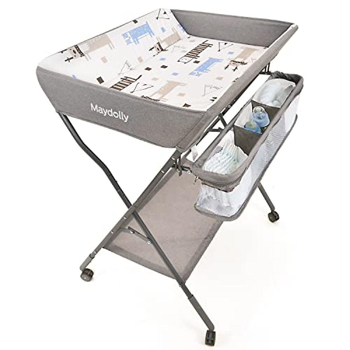 Maydolly Diaper Changing Table with Wheels, Foldable Nursery Organizer - Adjustable Height Changing Station with Large Storage Racks for Newborn Baby and Infant, Gray
