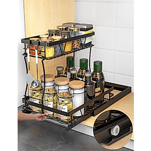 Iperlife 2 Tier Under Sink Organizers and Storage for Kitchen Pull Out Cabinet Basket Organizer with 4 Hooks, Multi-Purpose Metal Storage Shelf Rack for Bathroom Living Room Bedroom