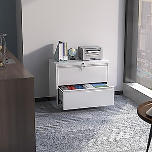 METAN Metal Lateral Filing Cabinet with 2 Drawers for Home Office, Locking Steel Wide File Storage Cabinet for Hanging Legal/Letter A4 Size, Assembly Required, White