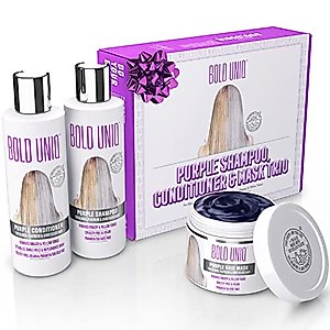 Purple Shampoo, Conditioner & Mask Trio Gift Set. Removes Brassy Yellow Tones. Lightens Blonde, Platinum, Ash, Silver & Grays. Paraben & Sulfate Free. PETA Approved Cruelty-free and 100% Vegan.