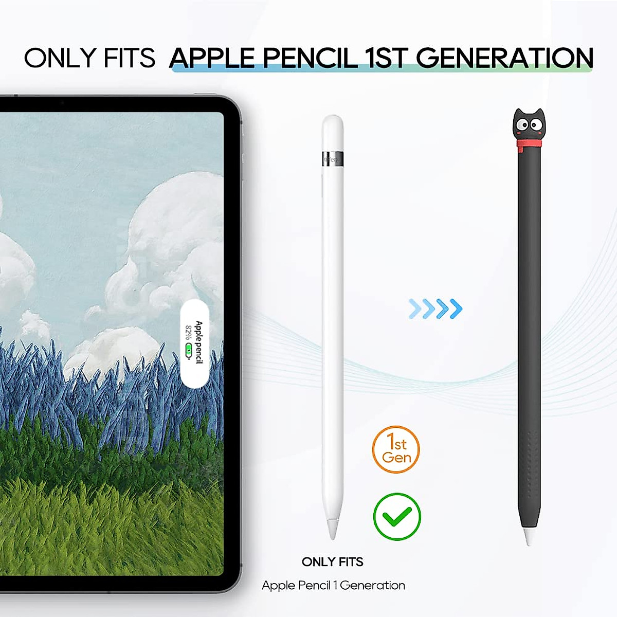 Meowster Case for Apple Pencil 1st Generation iPencil Case Soft Silicone Sleeve Cute Cat Design Holder Protective Cover Accessories Compatible with iPad Pencil 1st Gen (Black)