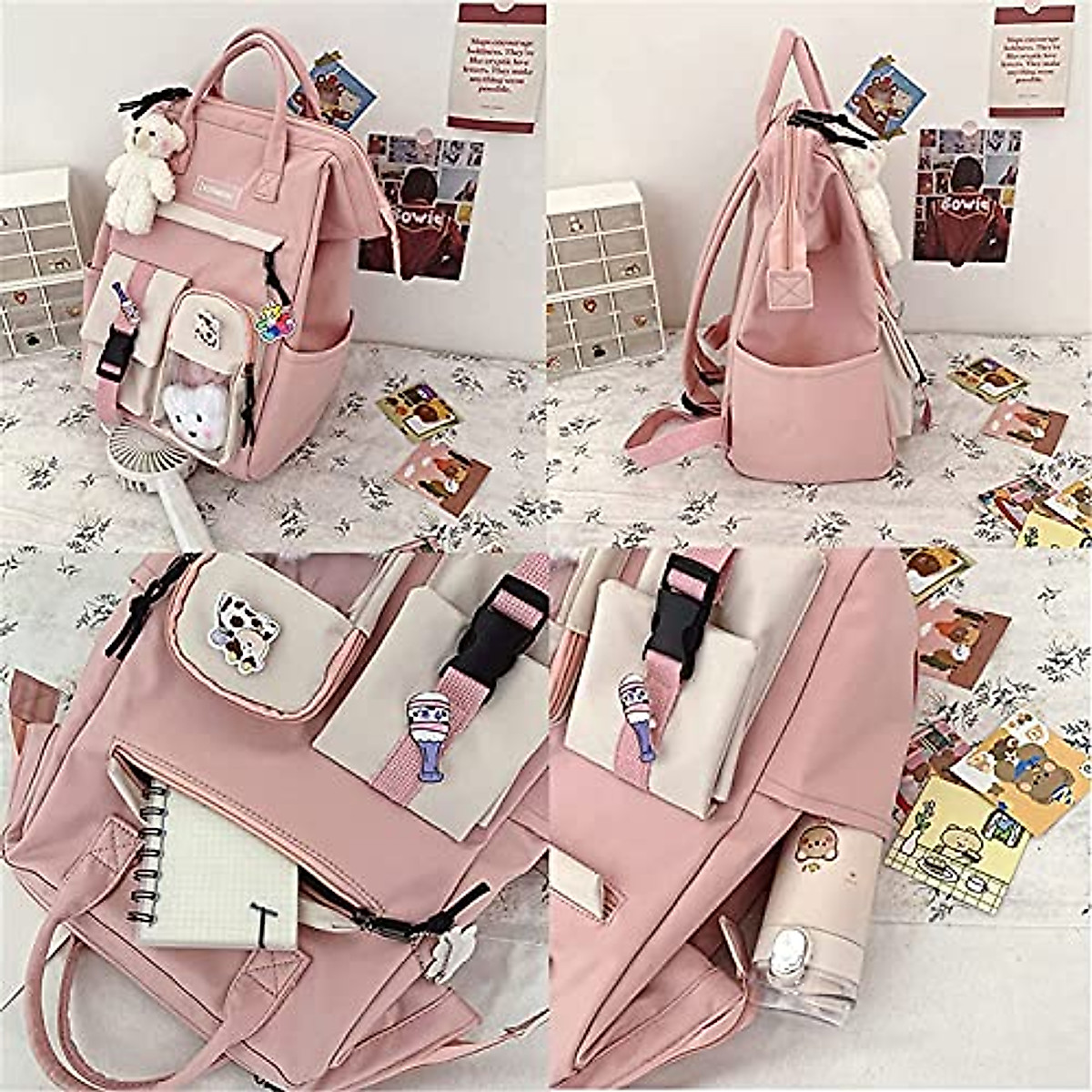 Skyearman Kawaii Backpack with Kawaii Pin Bear Pendant and Pencil Pouch Cute Backpack for Girls Kawaii Schoolbag Aesthetic Backpack, Pink