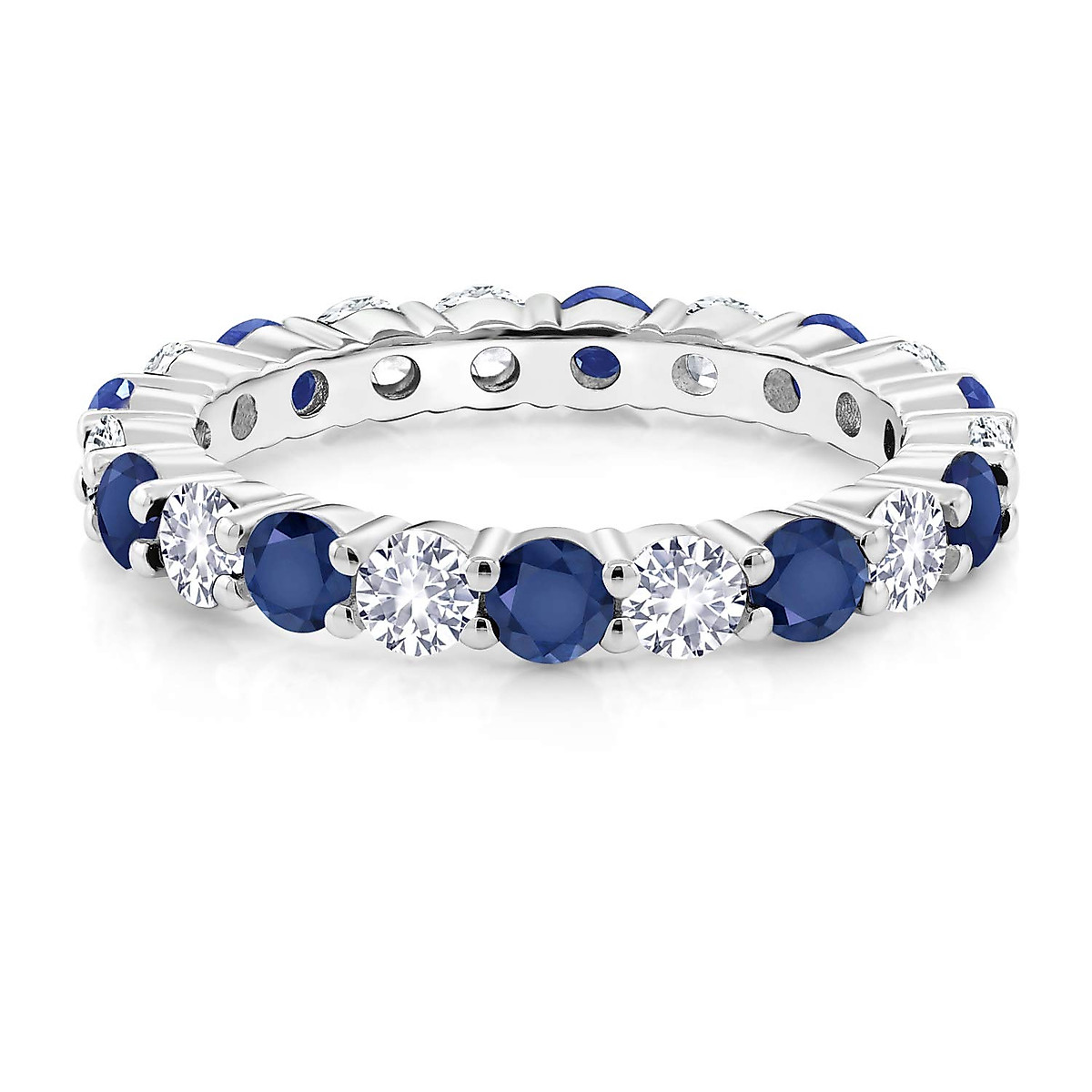 Gem Stone King 3.00 Cttw Blue Sapphire and White Created Sapphire Eternity Band Ring For Women In 925 Sterling Silver | Available in size 5, 6, 7, 8, 9