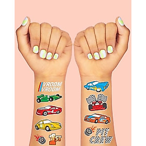 xo, Fetti Race Car Party Supplies Temporary Tattoos - 46 Foil Styles | Racecar Birthday, Pit Crew, Checkered Flags, Vroom, Wheels