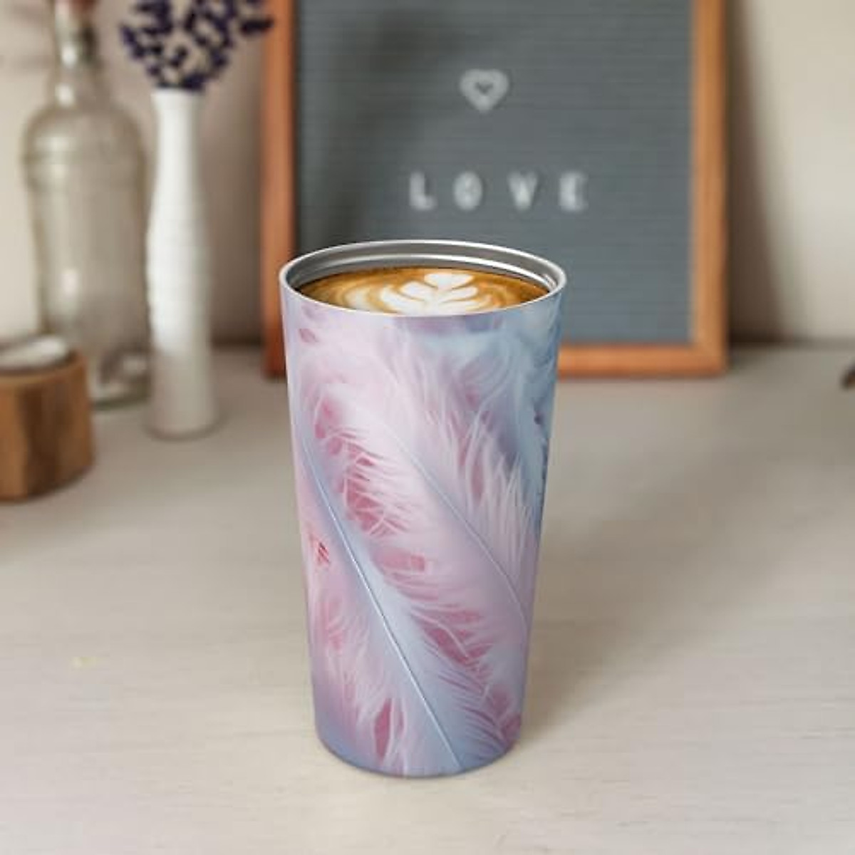 WANGXUEE Feather Print 500ml Stainless Steel Travel Tumbler Double Wall Vacuum Insulated Coffee Mug