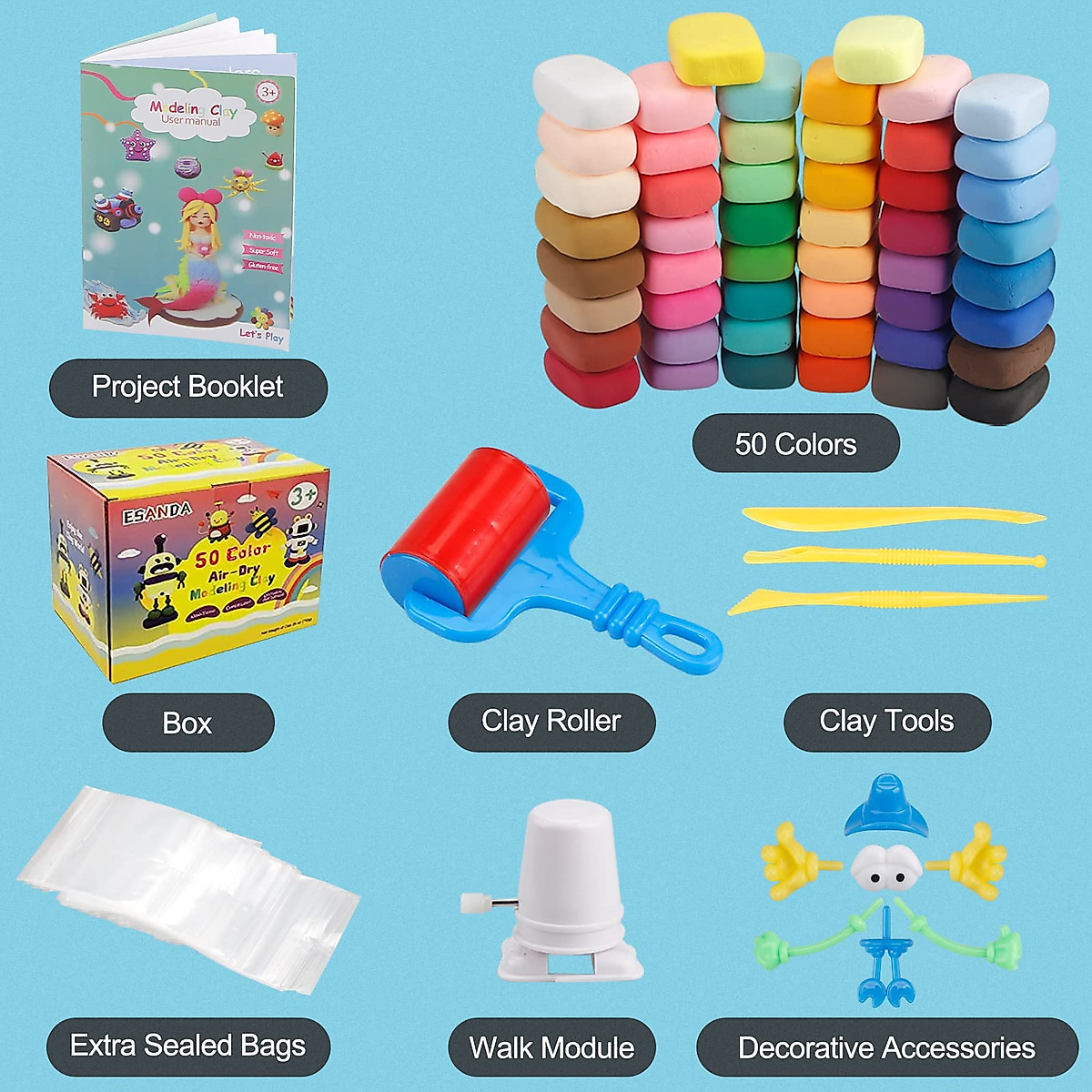Modeling Clay Kit - 50 Colors Soft & Ultra Light Air Dry Magic Clay with Sculpting Tools, Safe & Non-Toxic, Great Gift for Kids.