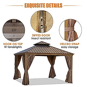 Goohome 12 x 12FT Hardtop Gazebo, Aluminum Frame Double Roof Canopy with Mosquito Net and Curtains, Outdoor Permanent Hard Top Waterproof Pergola for Shade and Rain for Lawn, Deck，Patio