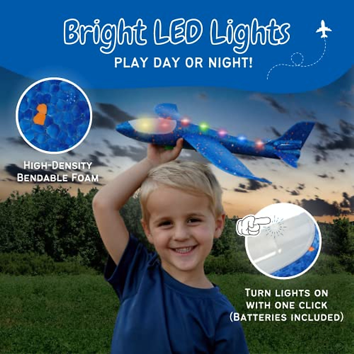 Toy Airplane Launcher - Outdoor Games - 4 Pack 17.5 Foam Glider Planes + 2 Launchers + 4 Sets of Stickers - LED Lights - Throwing Toys for Kids - Red & Blue Flying Toys – 4 5 6 7 8 Year Old Boys Girls
