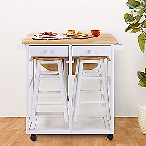 Casual Home Drop Leaf Breakfast Cart with 2 Stools-White, 32"D x 29.75"W x 33"H