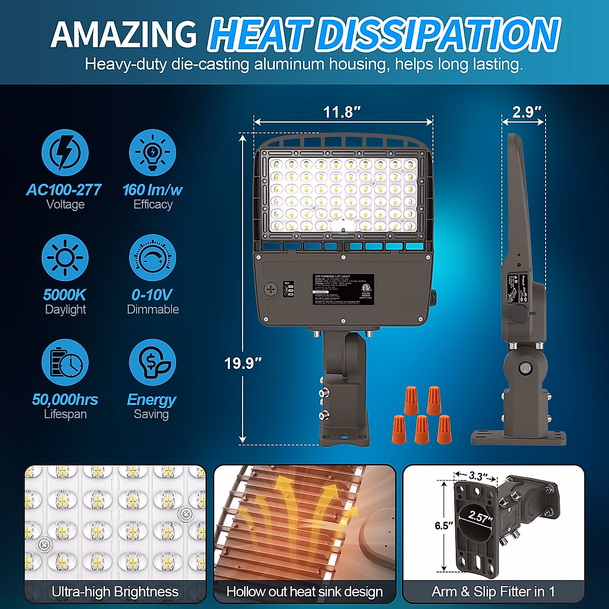 AKK LED Parking Lot light 200W 180W 150W Switchable, 32000LM 160LM/W 5000K LED Street Light, Dusk to Dawn Photocell LED Shoebox Light, Waterproof Commercial Area Lighting, Arm & Slip Fitter in 1 Mount