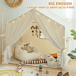 Kids Play Tent with Padded Mat, Kids Tents Large Princess Castle Pompoms Play House Indoor Playhouse Tent for Girl Bed Tents, Come with Star Lights