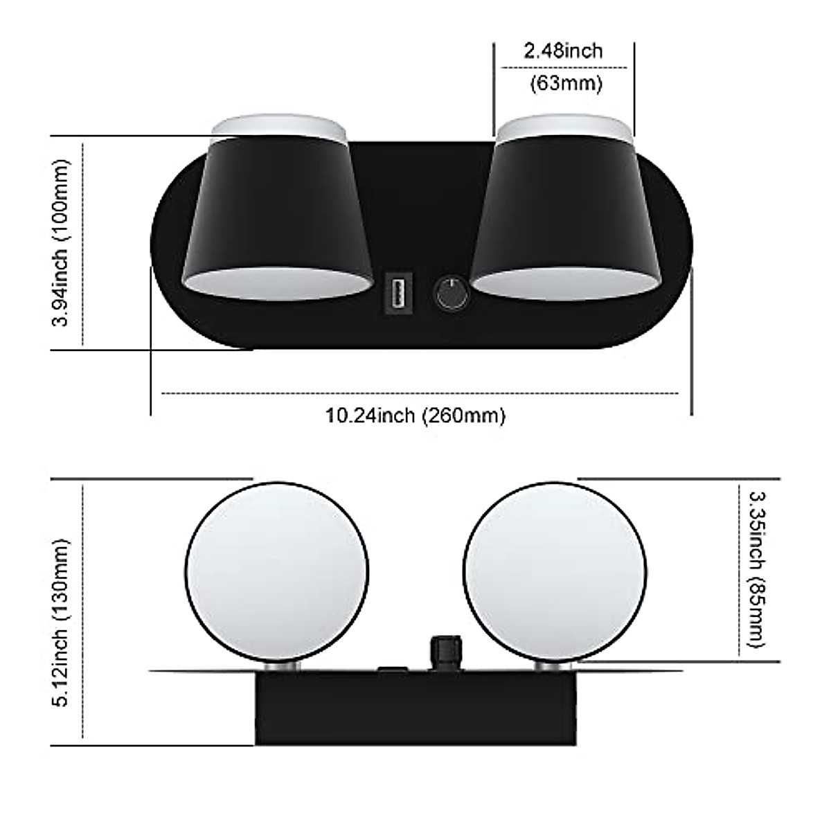 Sytmhoe Modern Black Double Head Dimmable LED Wall Sconce, Bedroom Wall Light with USB, Plug-in Installation, 12W, 10.24x3.94x5.12in