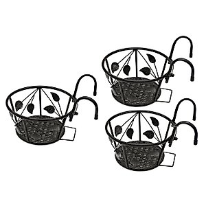 Neisrai Iron Art Metal Railing Flower Pot Hanging Basket for Indoor Pot Holder Hanger 3 Pack Outdoor Plants Perfect for Porches and Patio Decor Leaf Pattern (Black)