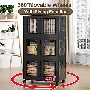 QAVABIN 80 QT Plastic Storage Bins with Lids, Large Collapsible Stackable Storage Bins with Wheels, Closet Organizers and Storage, Folding Storage Boxes with Doors Drawers for Home Garage, Black