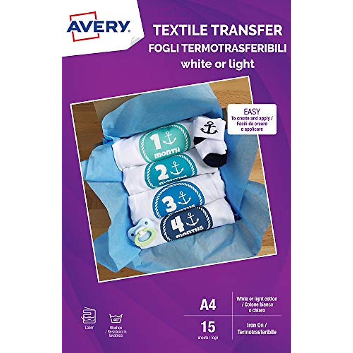 Avery UK Textile Transfer Paper for Light Cottons, Laser Printers,1 Printable Fabric Transfer per A4 Sheet, 15 Sheets per Pack, White MD1004.UK