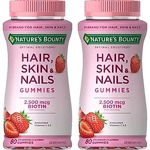 Nature's Bounty Optimal Solutions Hair, Skin and Nails Gummies, Strawberry, 80 Count (Pack of 2)