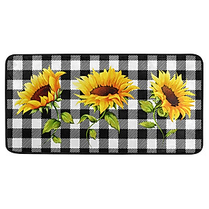 Black Buffalo Plaid Kitchen Rugs Non Slip Sunflower Kitchen Floor Mats Cushioned Kitchen Mats and Rugs Washable Anti Fatigue Mats for Laundry Sink Standing Office Home Decor - 39x20 in