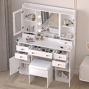 yesasin Makeup Vanity Desk with Mirror and Lights, White Vanity with Charging Station & Vanity Chair, LED Light Vanity Table Set with Storage 7 Drawers and 4 Cabinet for Bedroom, Dressing Bedroom