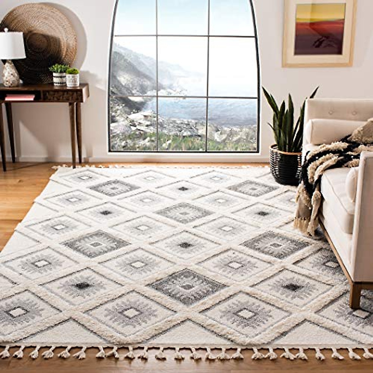 SAFAVIEH Moroccan Tassel Shag Collection 10' x 14' Ivory/Grey MTS601F Boho Non-Shedding Living Room Bedroom Dining Room Entryway Plush 2-inch Thick Area Rug
