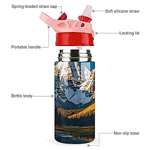 Stainless Steel Water Bottles Rocky Mountain Range Travel Water Cups with Handle And Silicone Straw Drinking Cup with Leak Proof Lid Thermo Travel Mug for Women Men
