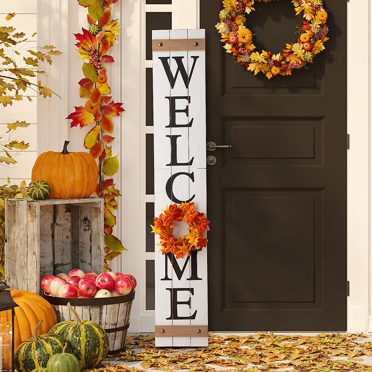 Glitzhome Welcome Sign with 4 Interchangeable Floral Wreaths for Front Door Porch, Farmhouse Wooden Hanging Wall Sign for Seasons Spring Fall Harvest Thanksgiving Christmas, 60”H, White