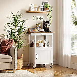 Qsun Rolling Kitchen Island Cart with Drawer, Storage on Wheels, Small Home Coffee Bar, Microwaves Stand, Table/Cabinet and Side Hook, White