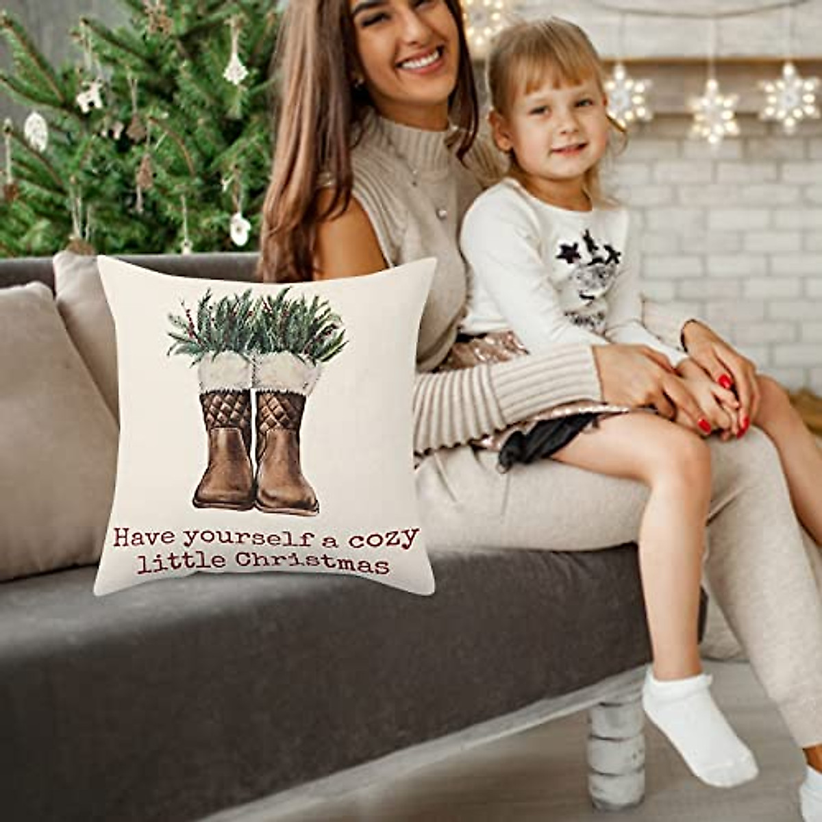 Scceatti Christmas Pillow Covers Set of 4 18x18 in Liene Winter Cushion Cover with Zipper Print Bohemian Toss Xmas Fashion Pillow Cases Protector for Couch Sofa Bed Living Room Decorations Gifts