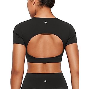 CRZ YOGA Womens Butterluxe Double Lined Open Back Crop Tops Backless Short Sleeve Workout Shirts Casual Tight T-Shirts Black Medium