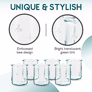 Amici Home Regina DOF Glass | 12 Oz | Italian Made, Recycled Green Glass | Drinking Glass with Embossed Bee Design for Water, Juice, Iced Tea, Cocktails (Set of 6)