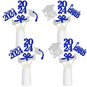 Blue and Silver 2024 Graduation Centerpiece Sticks Graduation Party Centerpieces for Tables 2024, Graduation Table Toppers 2024 Blue Class of 2024 Graduation Table Centerpieces Decorations - 24Pcs