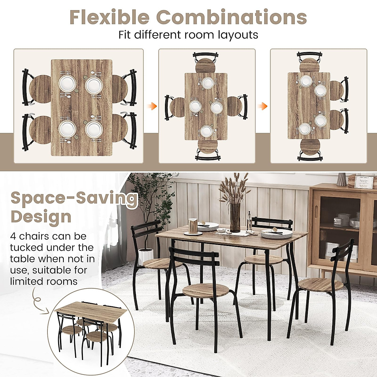 Giantex 5-Piece Dining Table Set, Modern Rectangular Dining Table & 4 Armless Chairs with Metal Frame, Kitchen Dining Room Furniture Set for 4, Space-Saving Dinette Set for Breakfast Nook, Natural