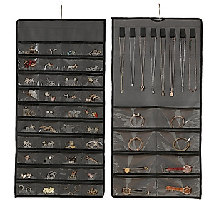 Qupzsen Hanging Jewelry Organizer, Double-Sided 48 Pockets, Storage Roll with Hanger Metal Hooks, Jewelry Holder for Necklaces, Earrings, Rings on Closet, Wall, Door, 1 Pcs, Grey