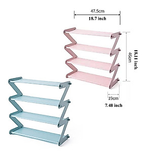 CARURLIFF 2 Packs Assemblable Small Shoe Racks Can Hold 8-12 Pairs Kids Shoe Rack Organizer for Entryway, Closet, Children's Bedroom (Blue & Pink - 4 Tier)