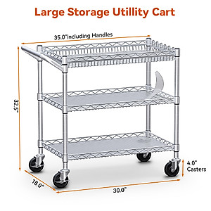 WDT Heavy Duty 3 Tier Rolling Utility Cart, Kitchen Metal Utility Carts with Handle Bar, Utility Shelf Plant Display Shelf Food Cart Storage Trolley with Wheels, Silver