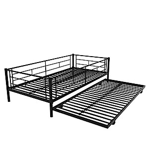 OYN Twin Over Twin Metal Bunk Bed Frame with Trundle and 2 Ladders, Black (New Upgrade Reinforcement Version)